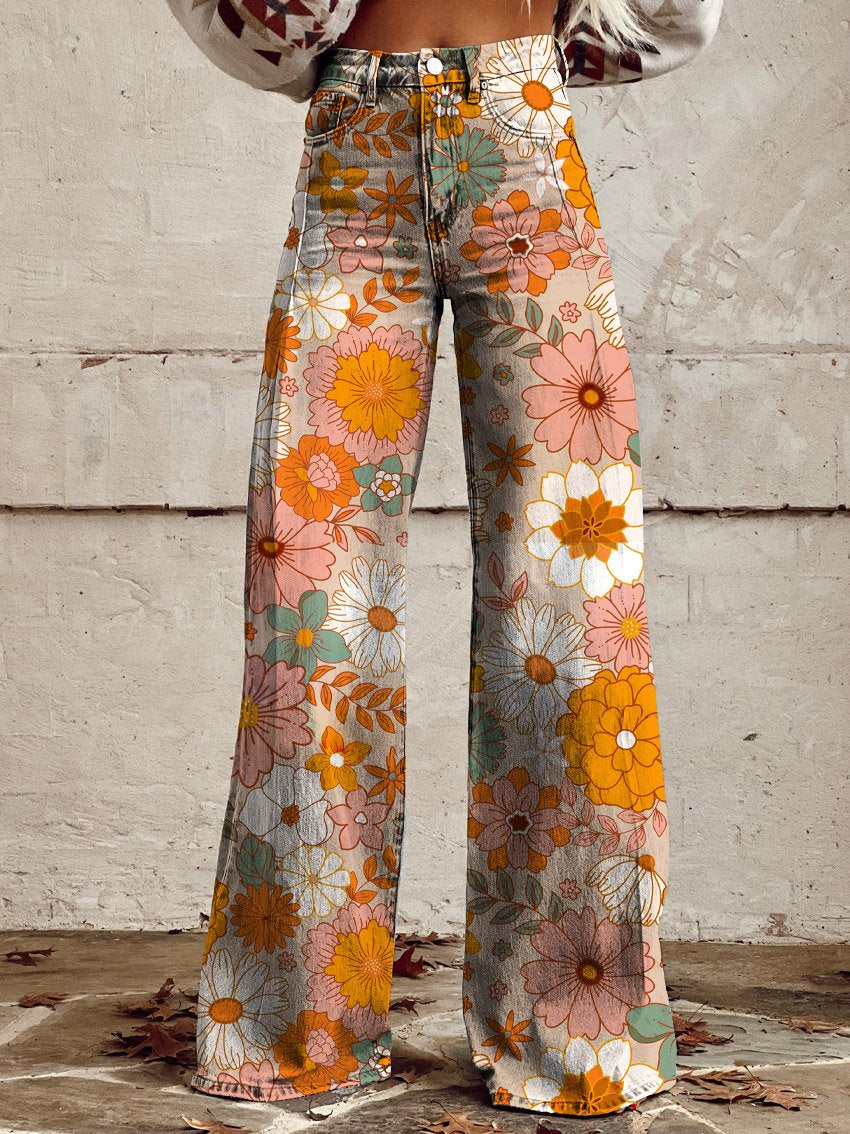 Women's Lovely Flowers Art Print Casual Wide Leg Pants – fashionsully