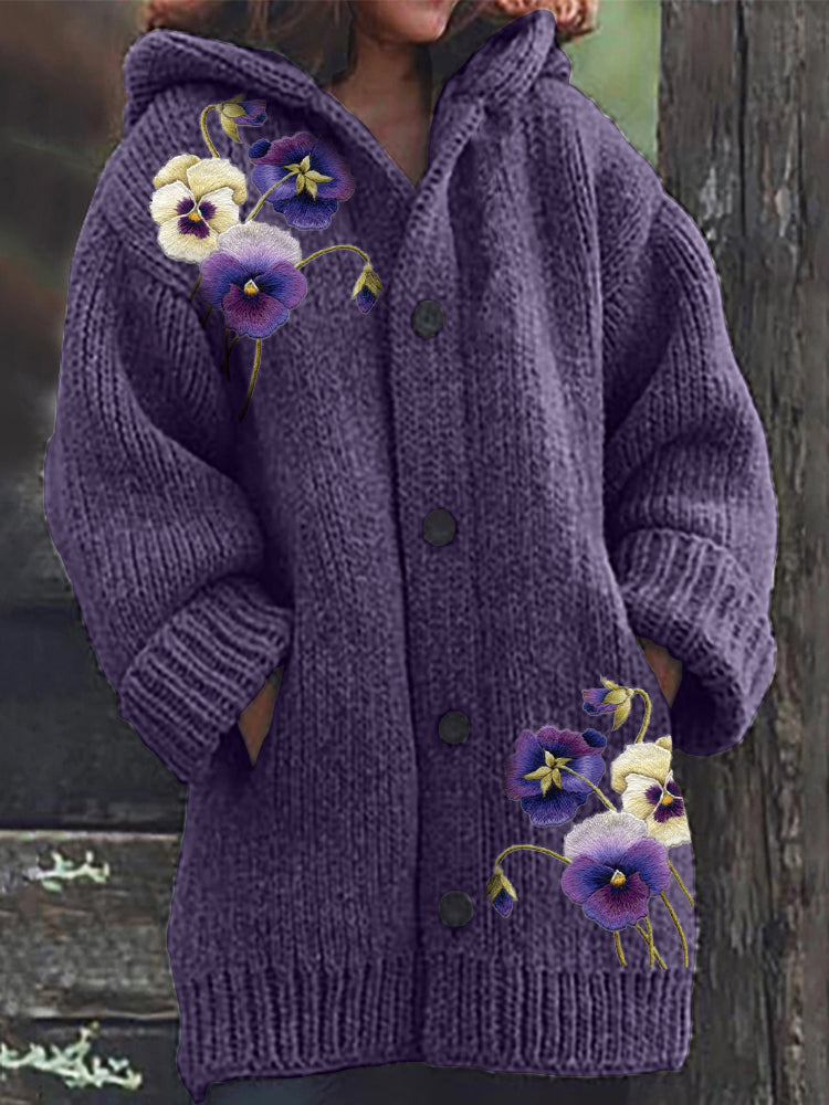 Wearshes Pansy Flowers Embroidery Cozy Knit Hooded Cardigan – fashionsully