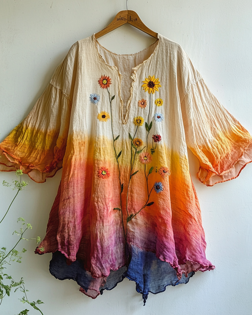 Rainbow Linen Ruffle Daisy Embroidery Irregular T-shirt 472d – fashionsully
