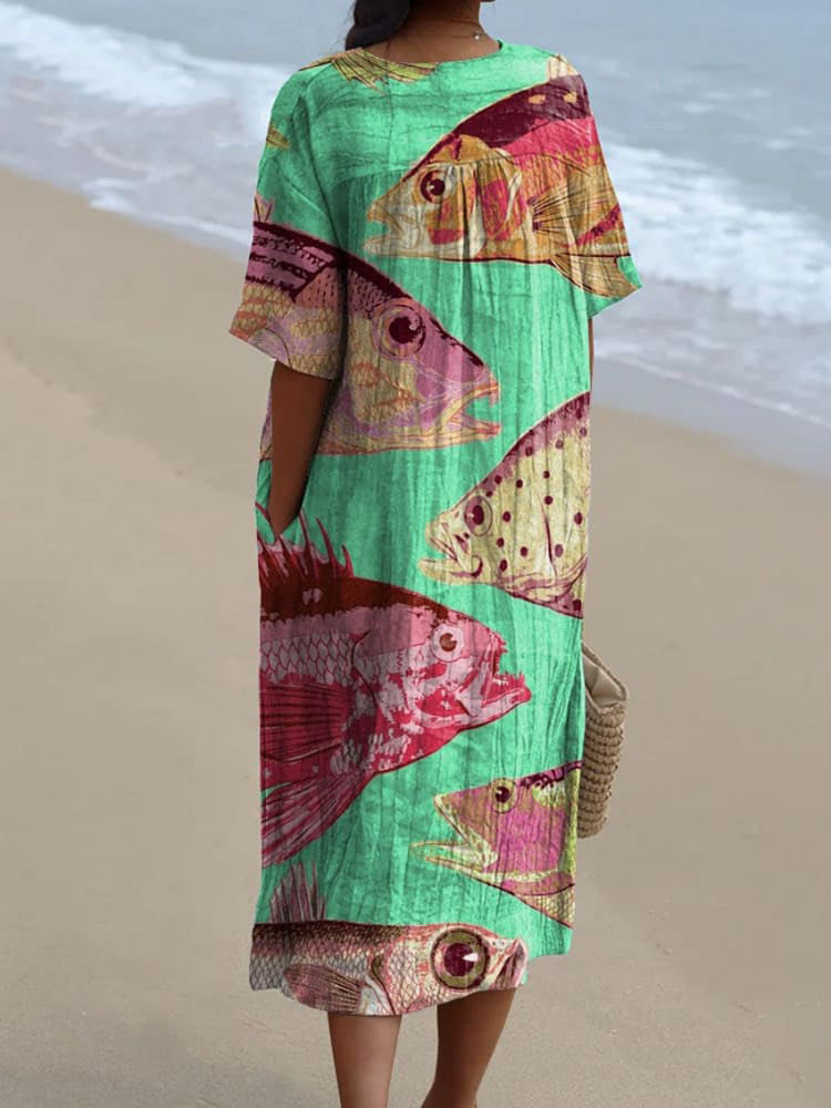 Women's Vintage Lovely Fish Art Print Flowy Dress – fashionsully