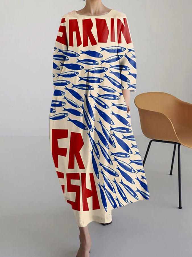 Women's Vintage Fish Art Print Flowy Dress – fashionsully