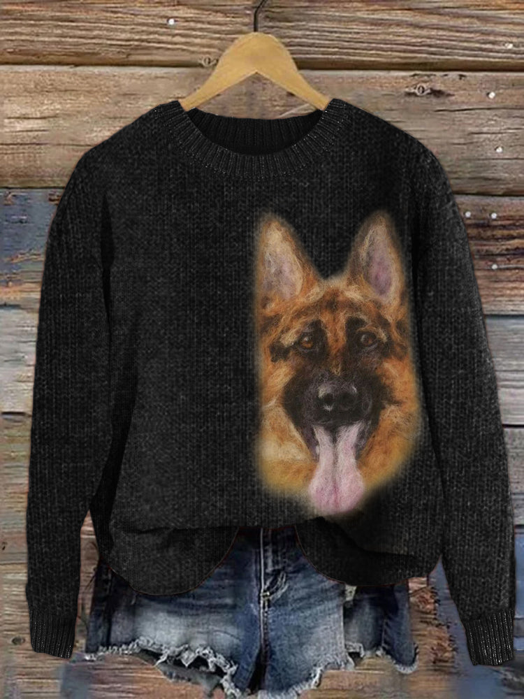 German Shepherd Dog Felt Portrait Cozy Knit Sweater – fashionsully