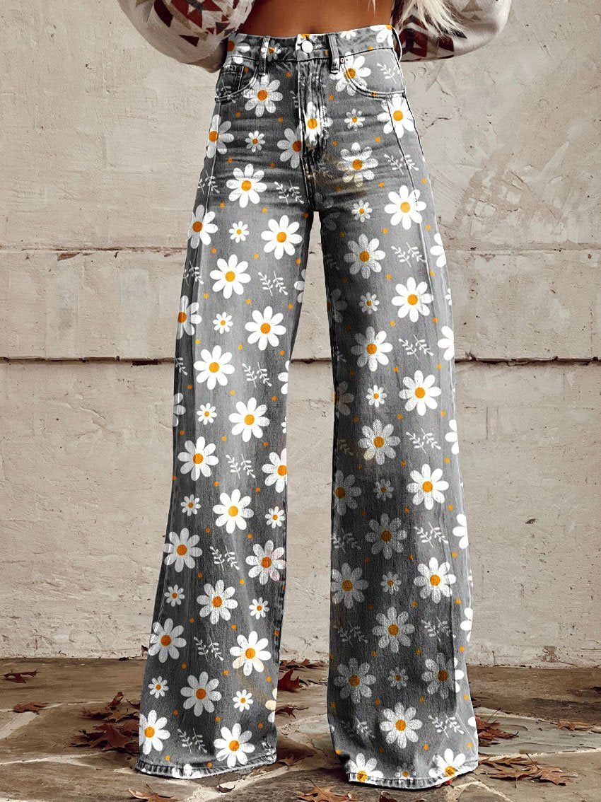 Women's Vintage Flower Daisy Print Casual Wide Leg Pants – fashionsully