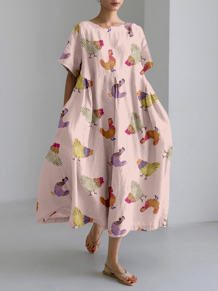 Farm Chickens Pattern Linen Blend Maxi Dress – fashionsully