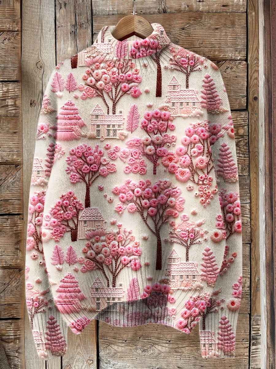 Floral Embroidery Art Print Knit Turtleneck Pullover Sweater – fashionsully