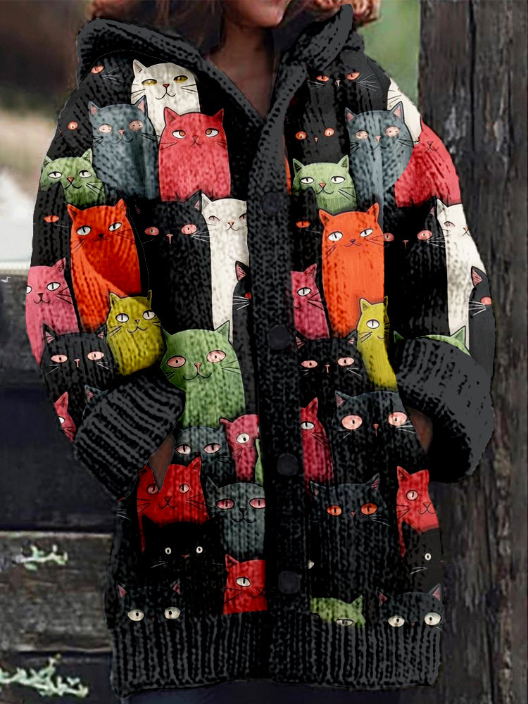 Wearshes Cute Crowded Cats Pattern Cozy Hooded Knit Cardigan – fashionsully