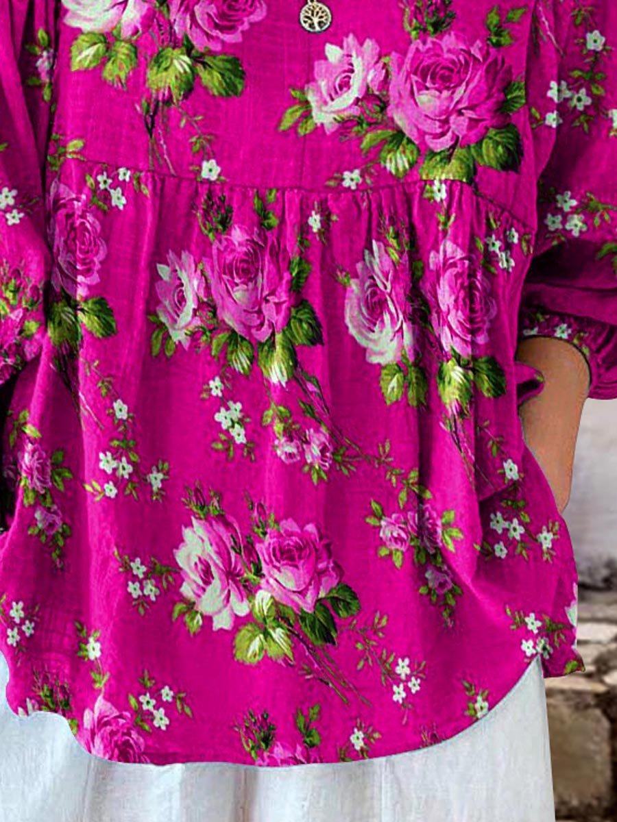Women's Art Rose Floral Pattern Casual Cotton Top – fashionsully