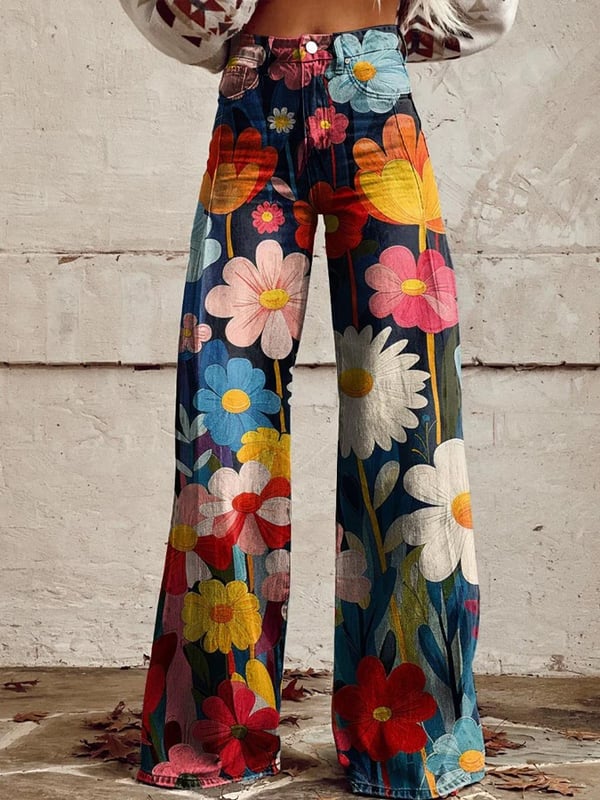 Women's Colorful Flower Geometric Pattern Print Casual Wide Leg Pants ...