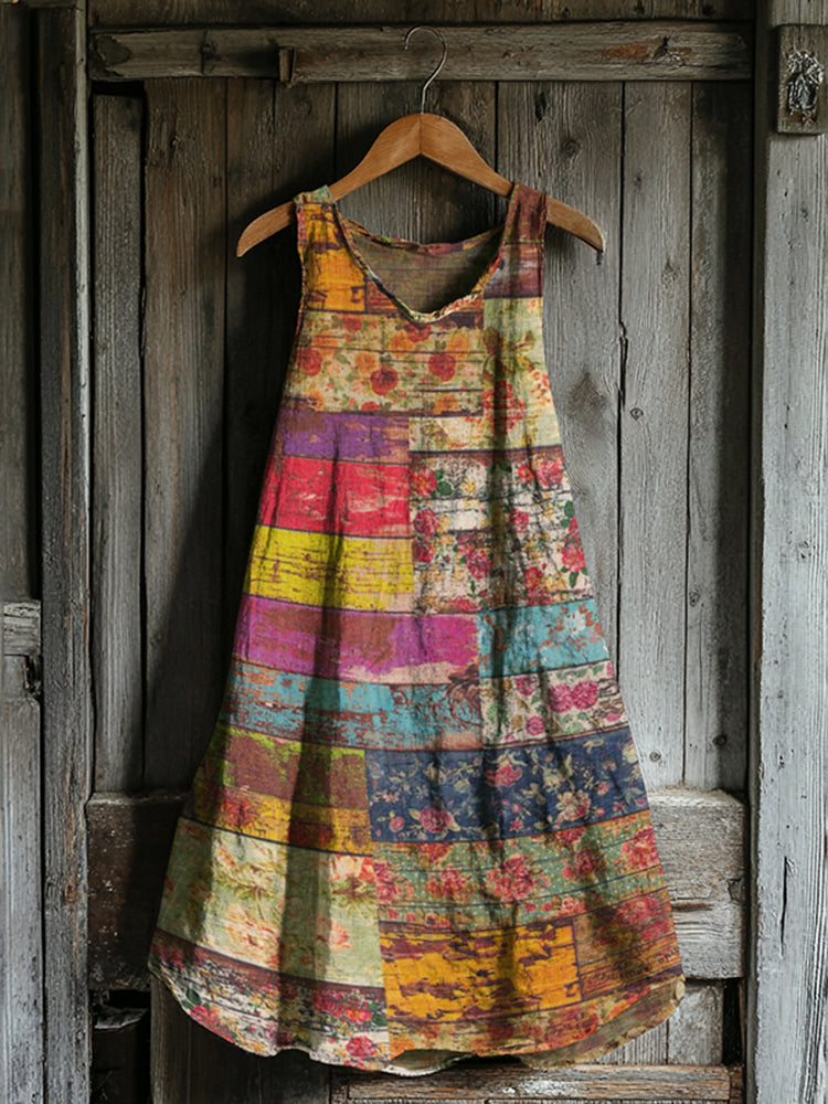 Vintage Floral Patchwork Art Linen Blend Tank Midi Dress ed84 ...