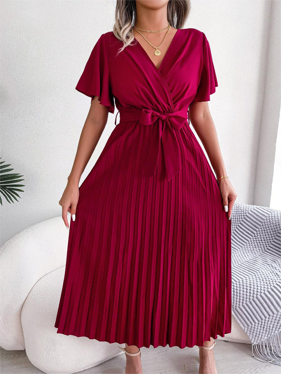 Crossover V-neck Pleated Maxi dress – fashionsully