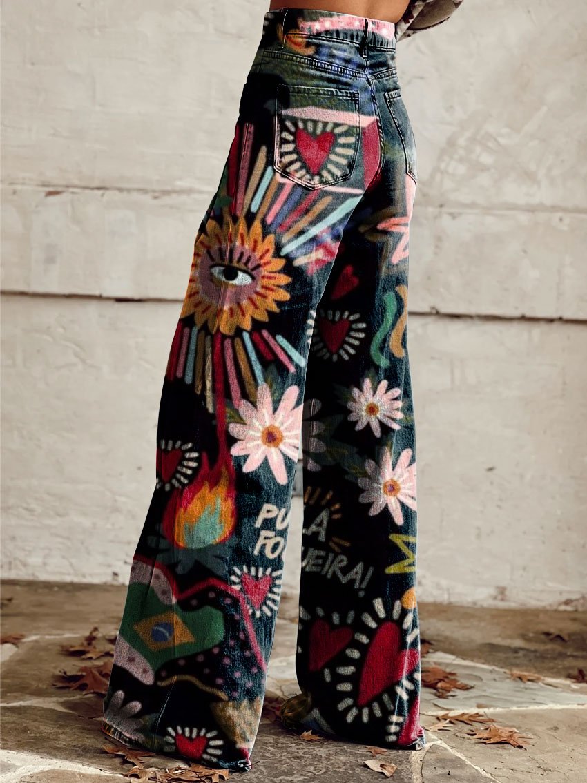 Women's Vintage Hand Drawn Art Print Casual Wide Leg Pants – fashionsully