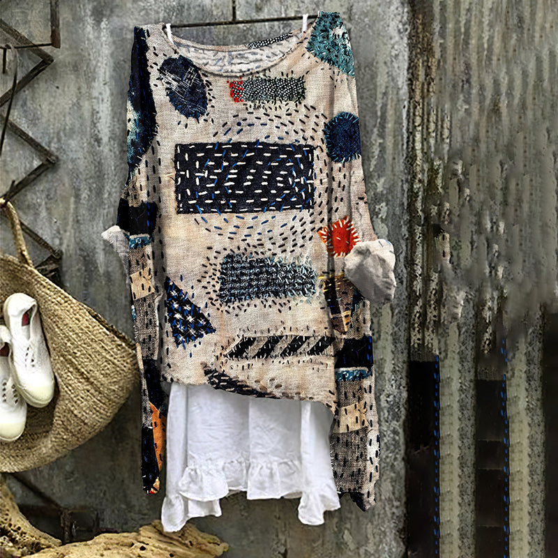 Vintage Patch Work Embroidery Art Linen Blend Blouse – fashionsully