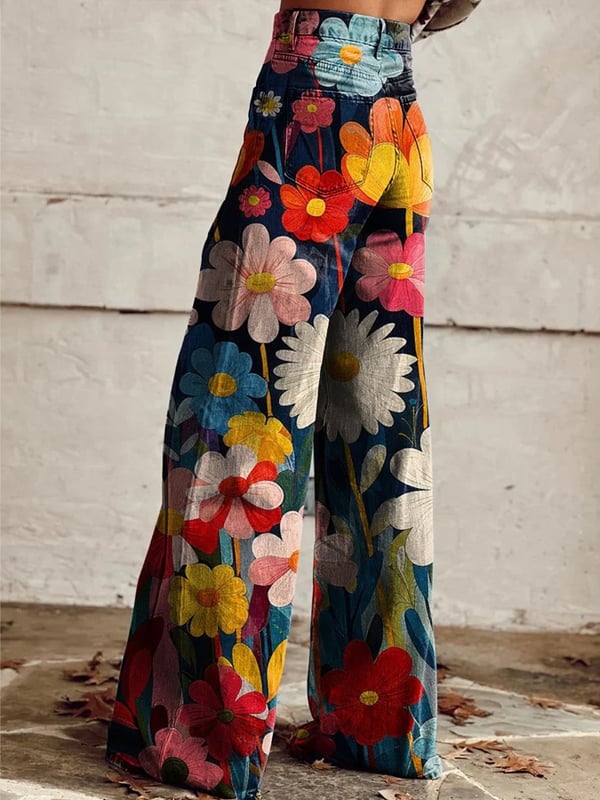 Women's Colorful Flower Geometric Pattern Print Casual Wide Leg Pants ...